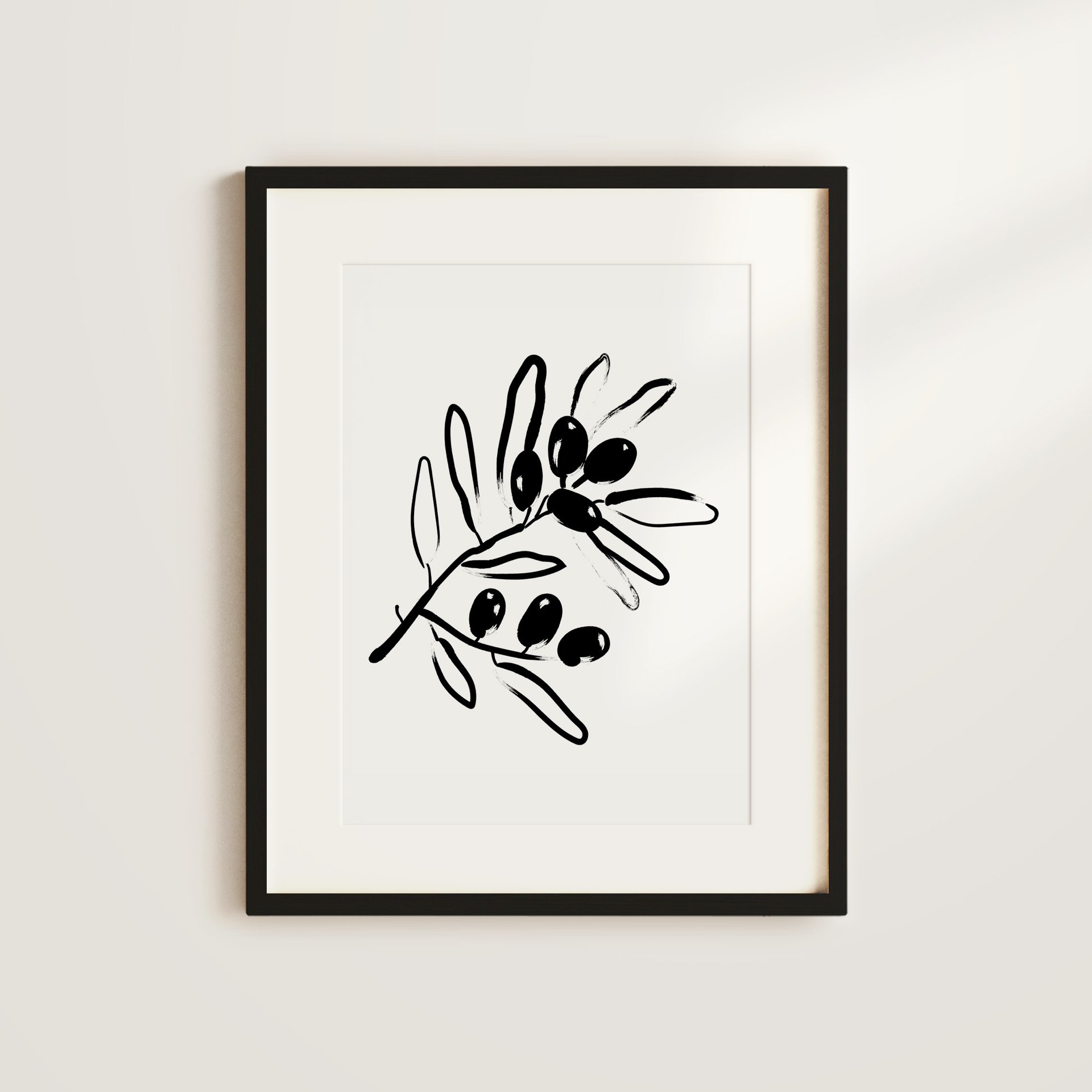 Olive Branch Art Print – Minimalist Black and White Botanical Art